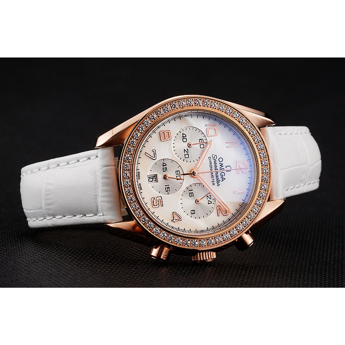 Omega Speedmaster White Dial Rose Gold Case Diamond Bezel White Leather ...