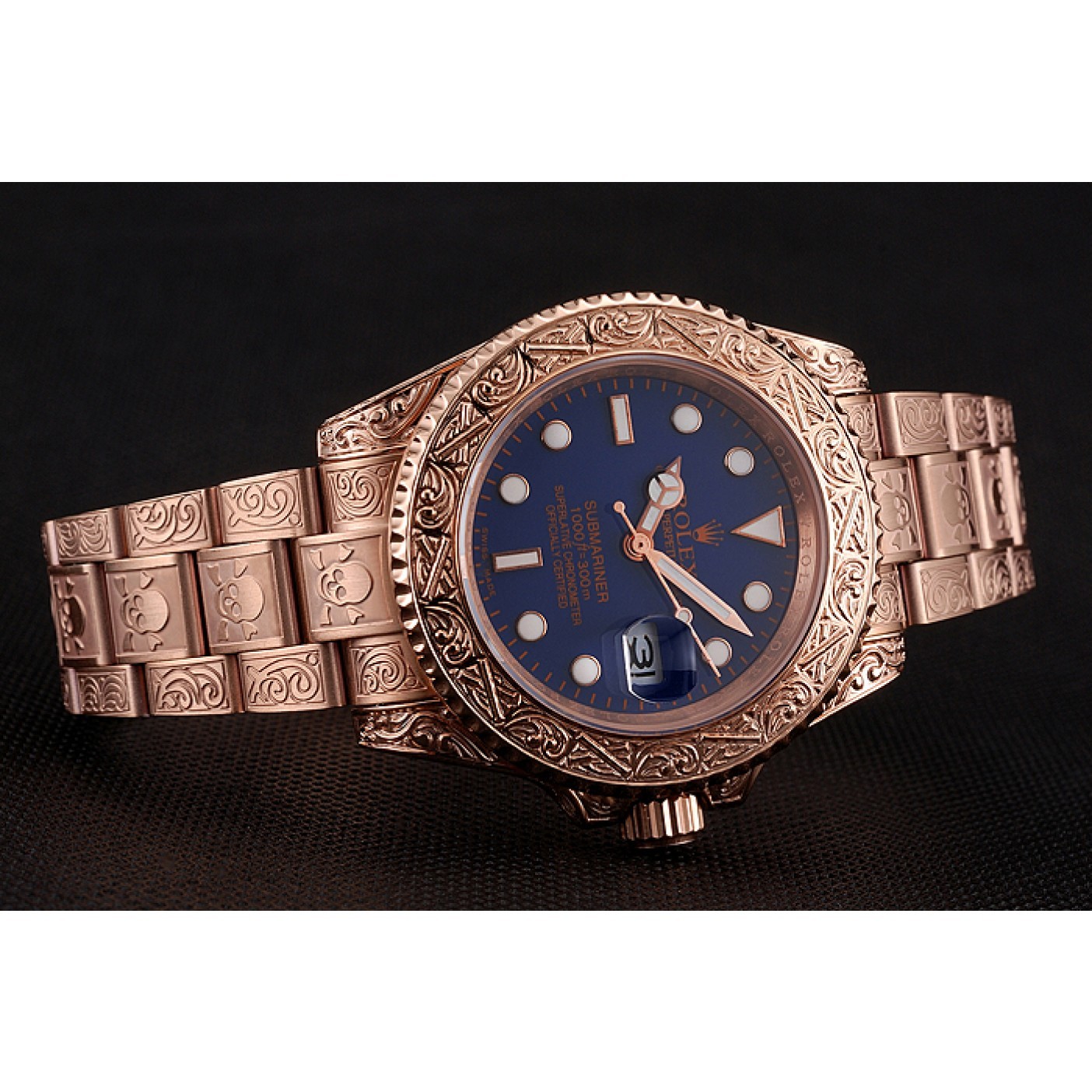 Swiss Rolex Submariner Skull Limited Edition Blue Dial Rose Gold Case ...